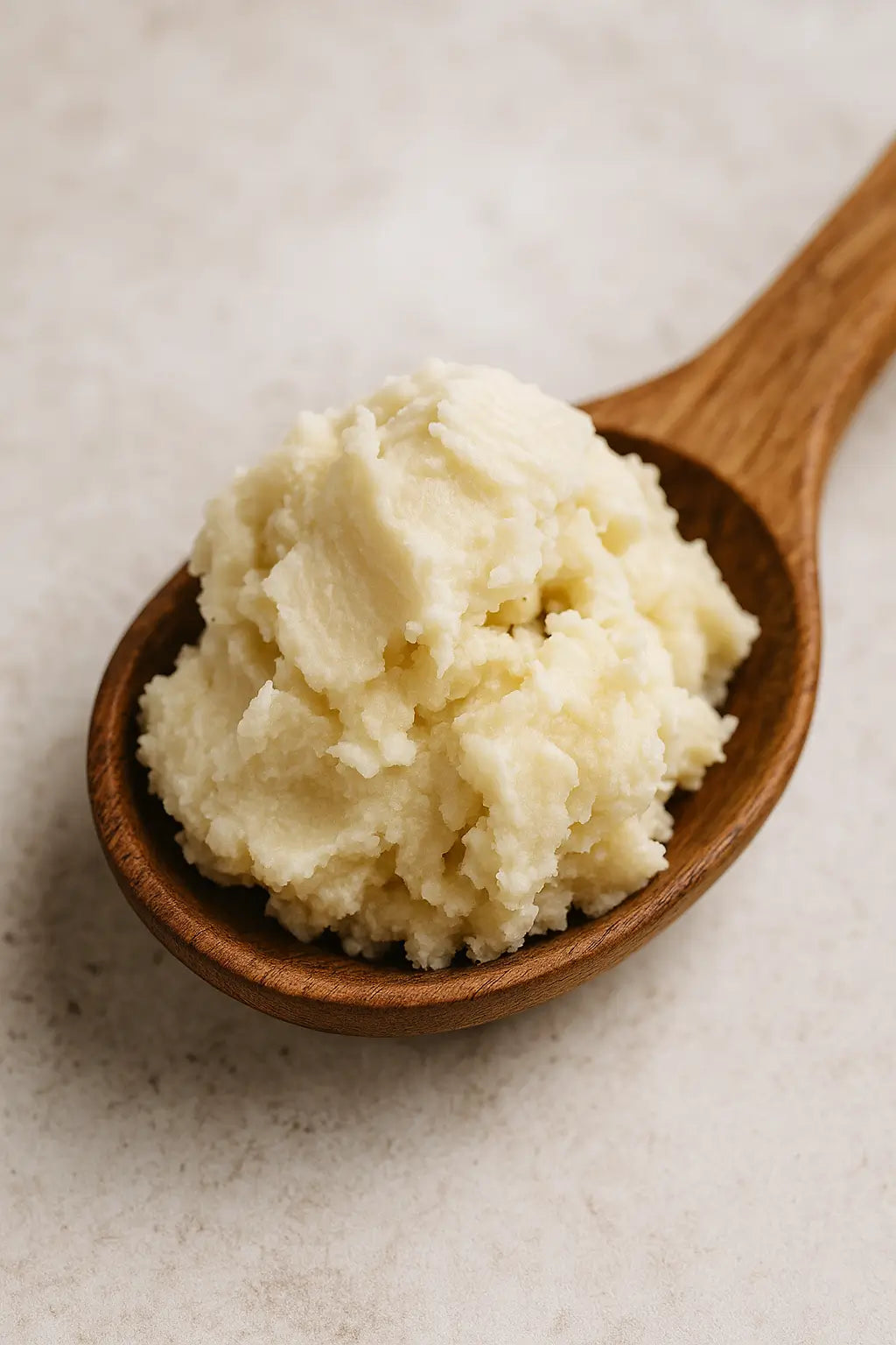 Unrefined Shea Butter in a wooden bowl surrounded by Shea nuts.