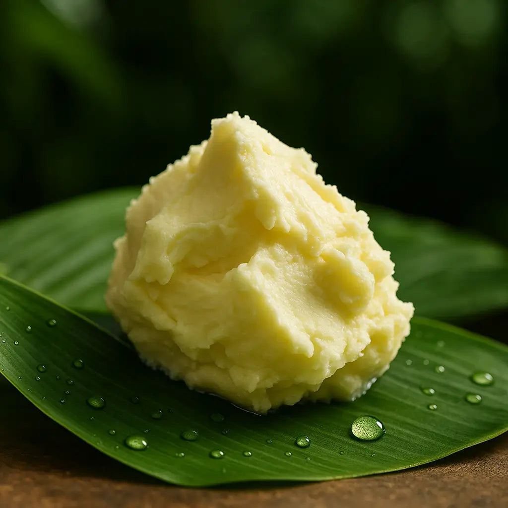 Unrefined shea butter in a glass jar with natural skincare elements on ...