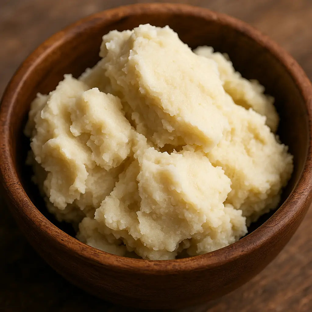 Close-up of unrefined Shea Butter in a wooden bowl — rich, creamy, and ...