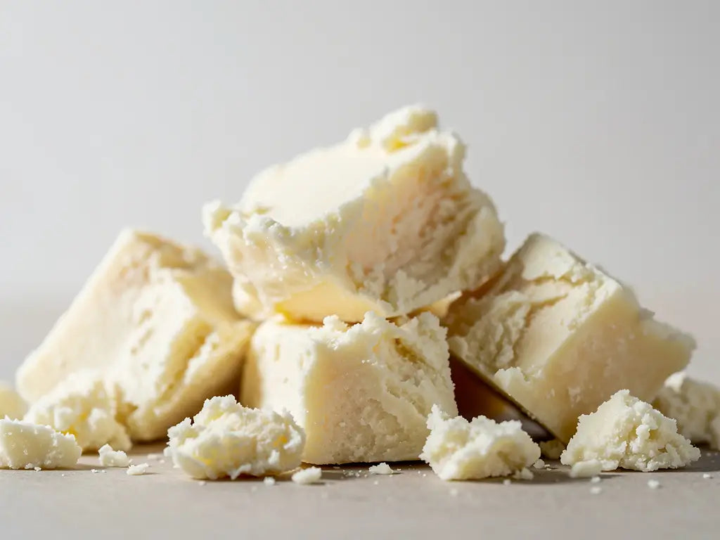 Close-up of raw Shea Butter with a grainy texture in a wooden bowl.